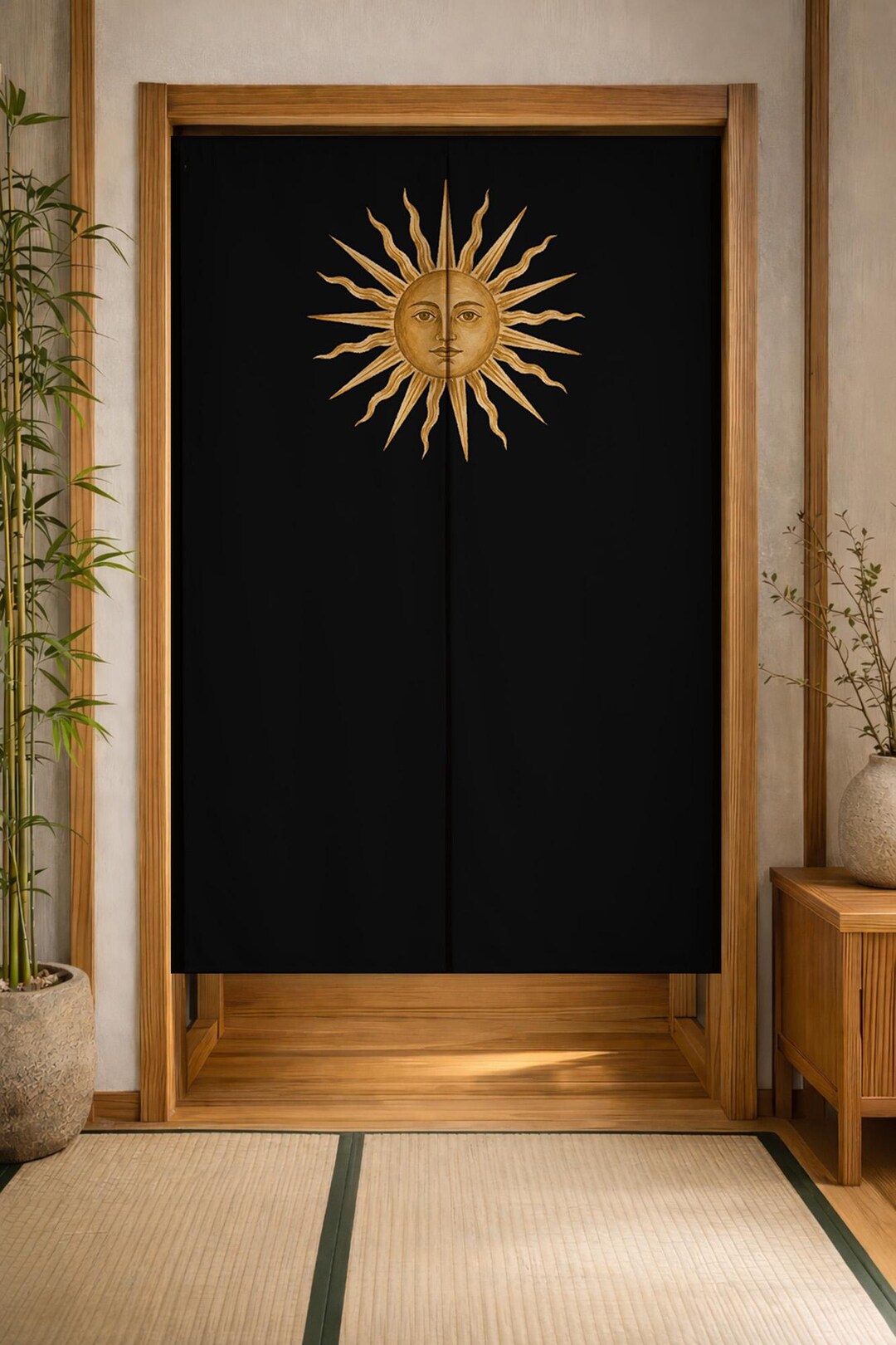 Celestial Sun Noren Curtain, Vintage Sun Face Doorway Curtain, Mystic ...