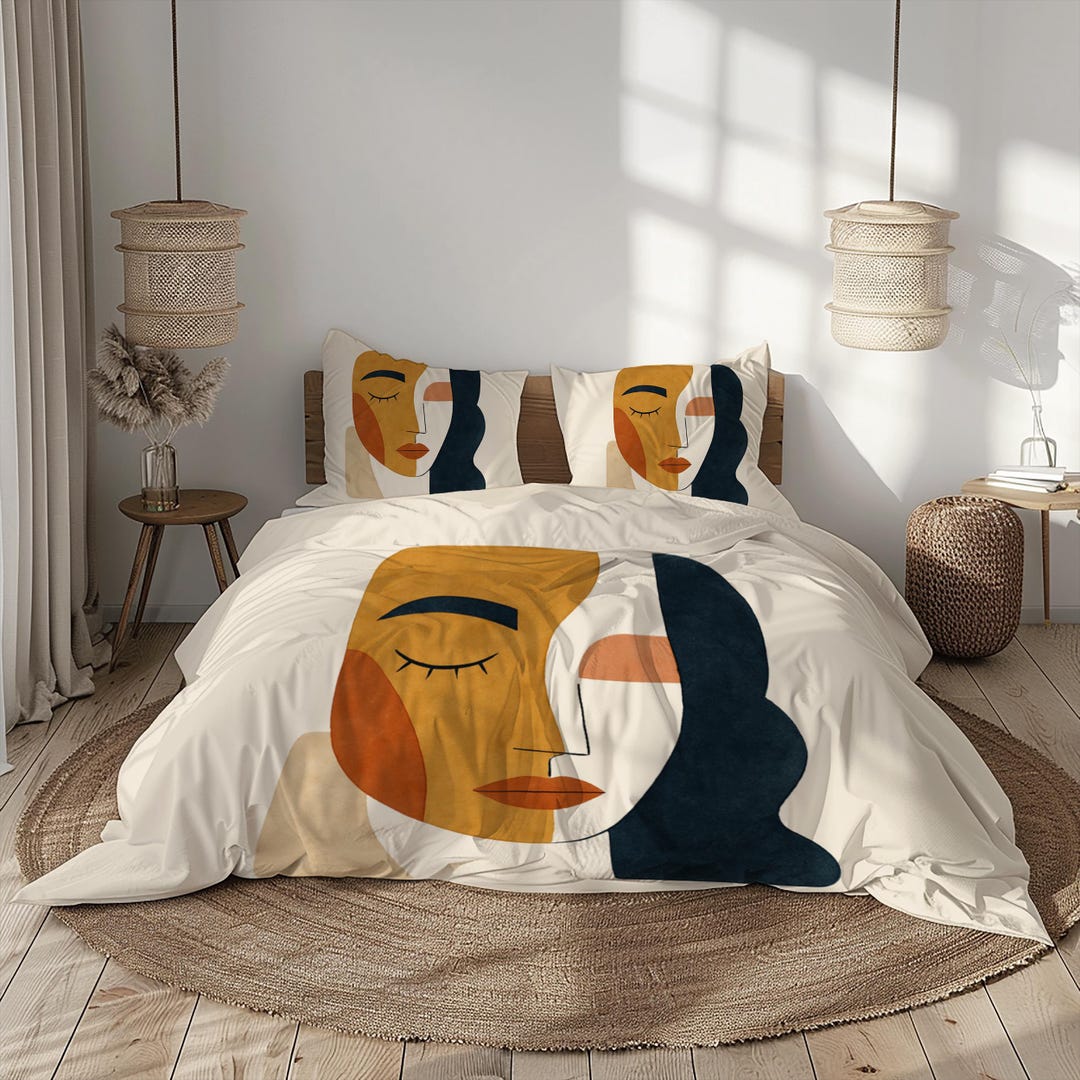 Abstract Face Art Bedding Set in Cream Mustard Navy and Rust Tones ...