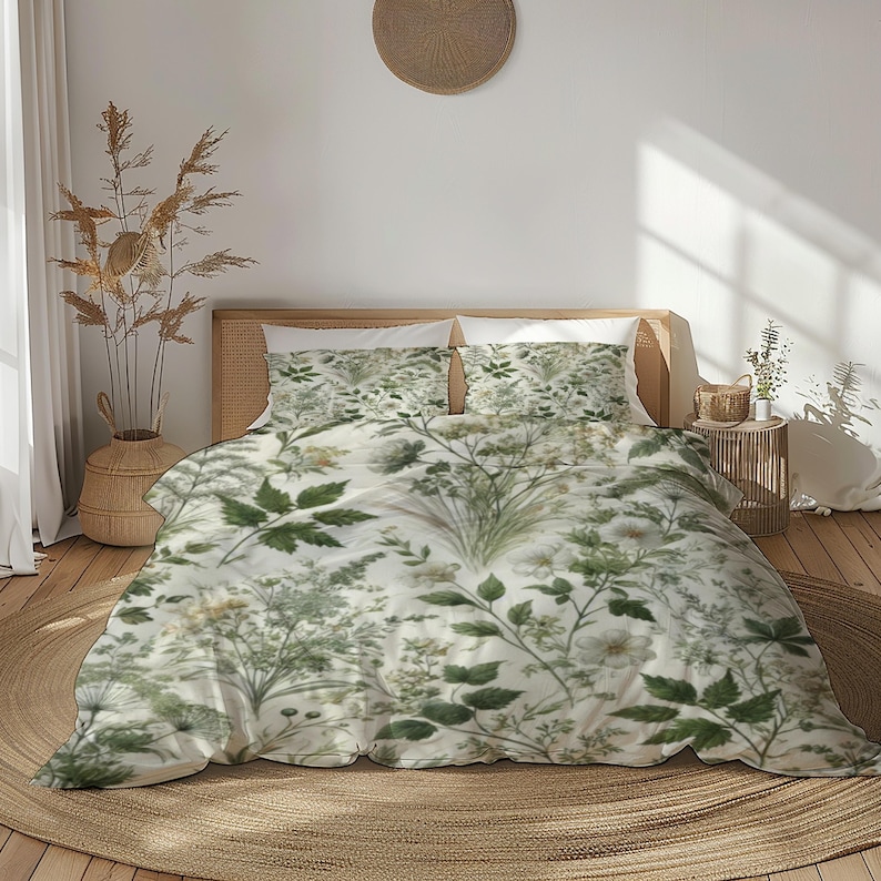 Botanical Herb Bedding Set - Green Cream Sage White Nature Print ...