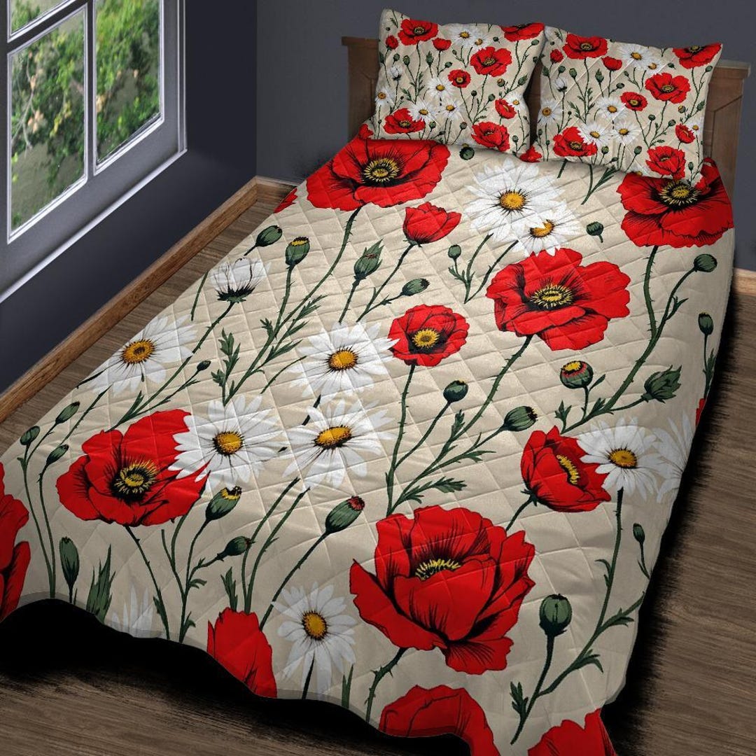 Poppy & Daisy Quilt Set – Botanical Floral Diamond Bedding With ...