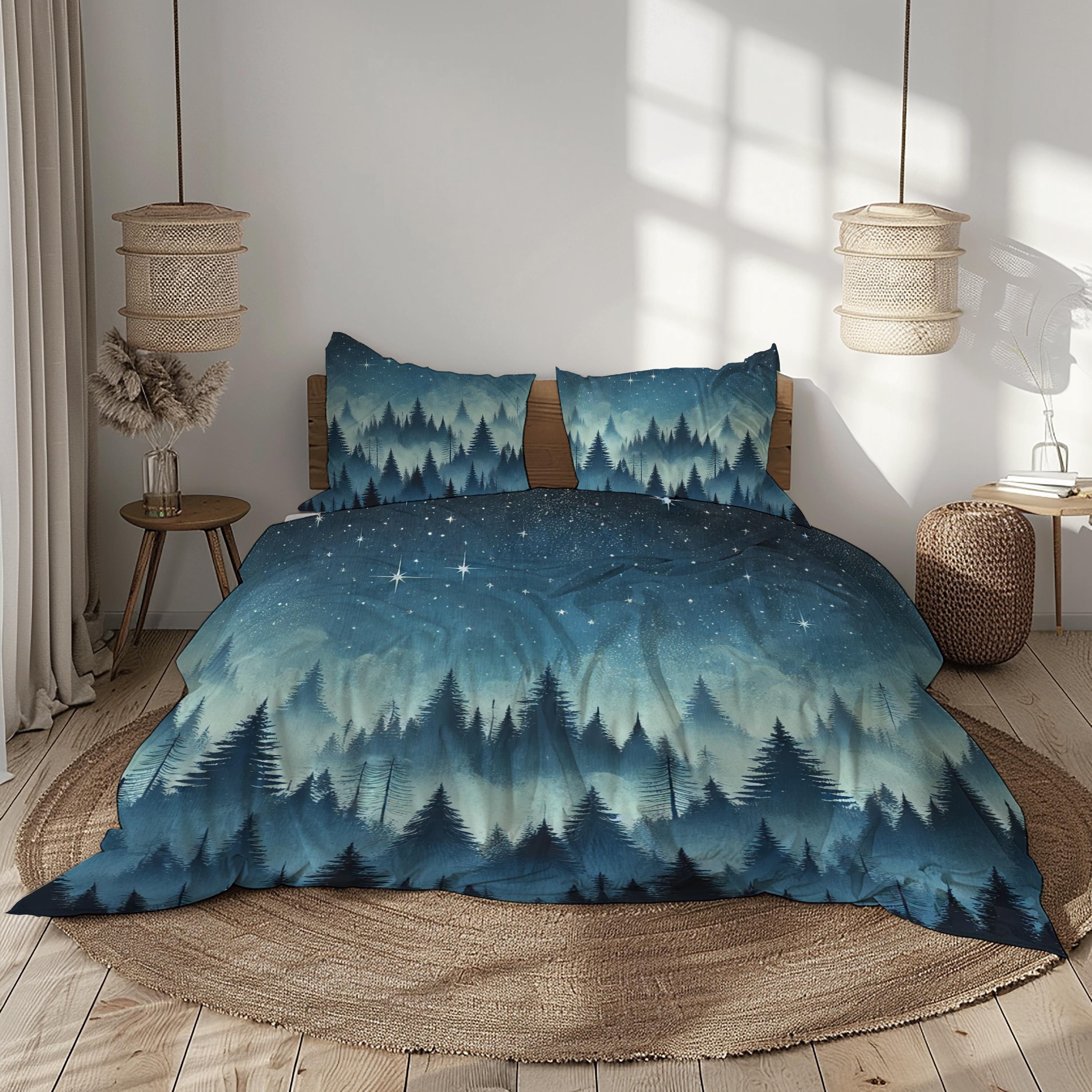 Forest Night Sky Bedding Set, Dark Blue Green Duvet Cover, Starry ...