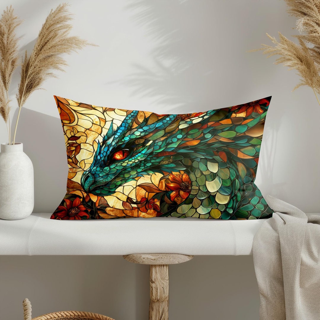 Dragon Stained Glass Pillowcase, Decorative Throw Pillow Cover, Fantasy ...