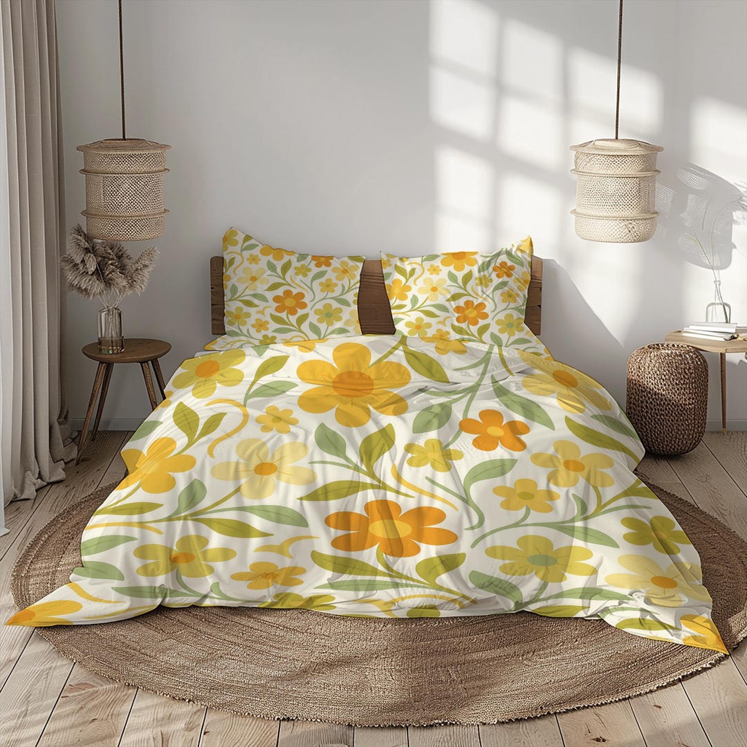 Retro Yellow Floral Duvet Cover Set With Large Blooms and Green Leaves ...