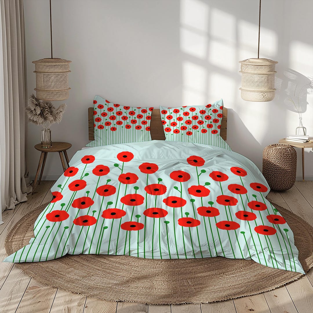 Red Poppy Flower Bedding Set – Mint Green and Scarlet Floral Duvet ...