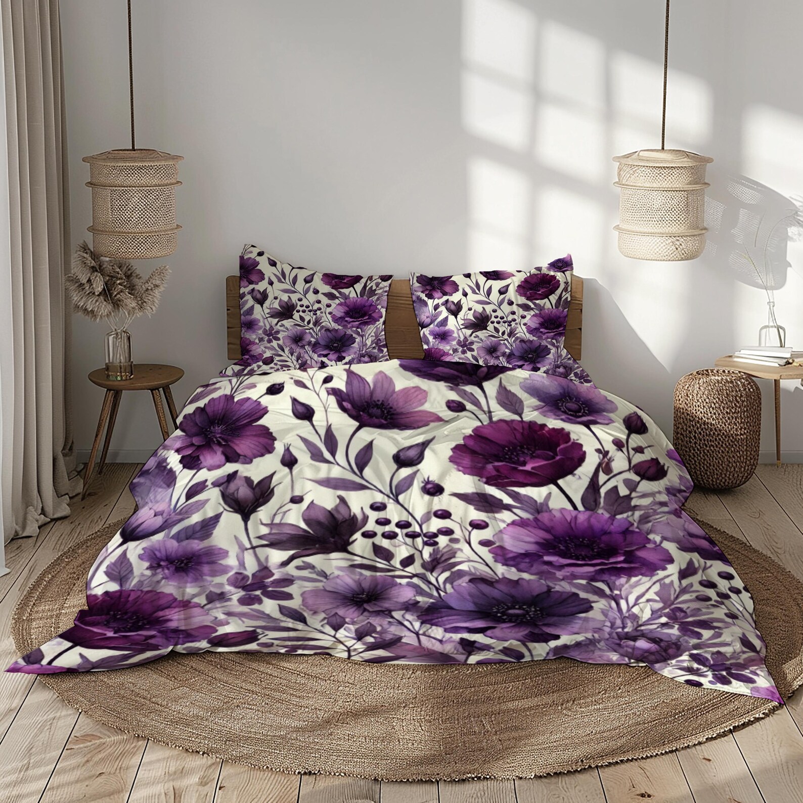 Purple Floral Bedding Set, Luxury Duvet Cover With Pillowcases, Elegant ...