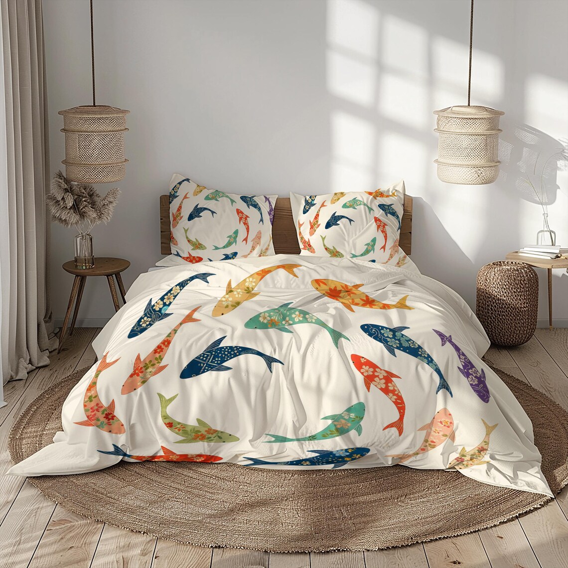 Koi Fish Bedding Set – Duvet Cover & Pillowcases – Blue, Orange, Teal ...