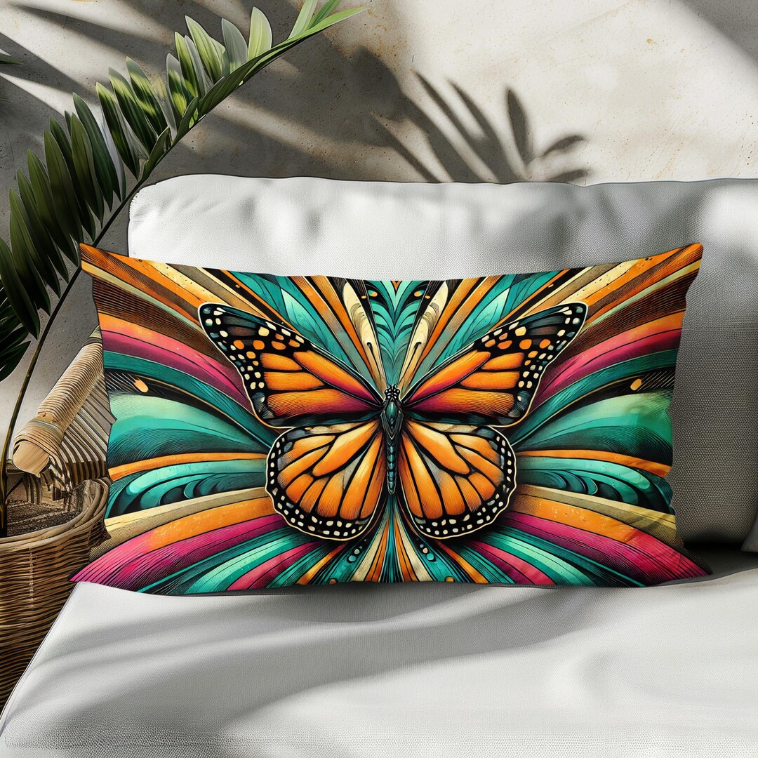 Monarch Butterfly Lumbar Pillow Cover - Vibrant Cotton Linen Cushion ...