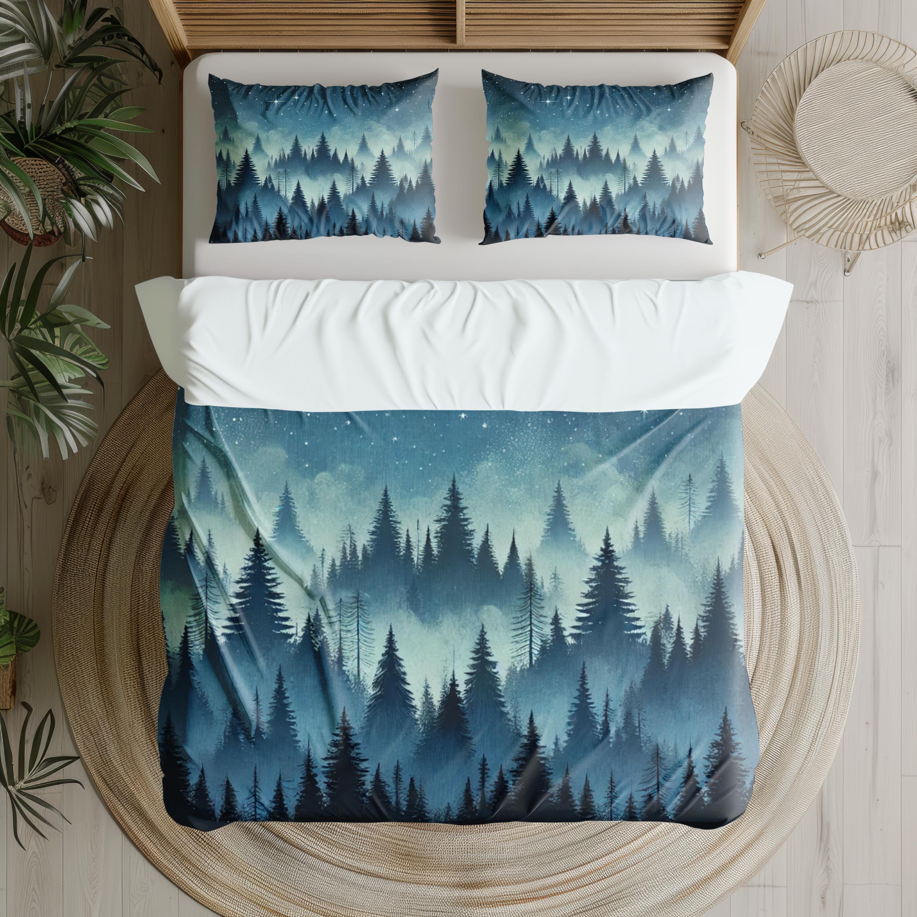 Forest Night Sky Bedding Set, Dark Blue Green Duvet Cover, Starry ...
