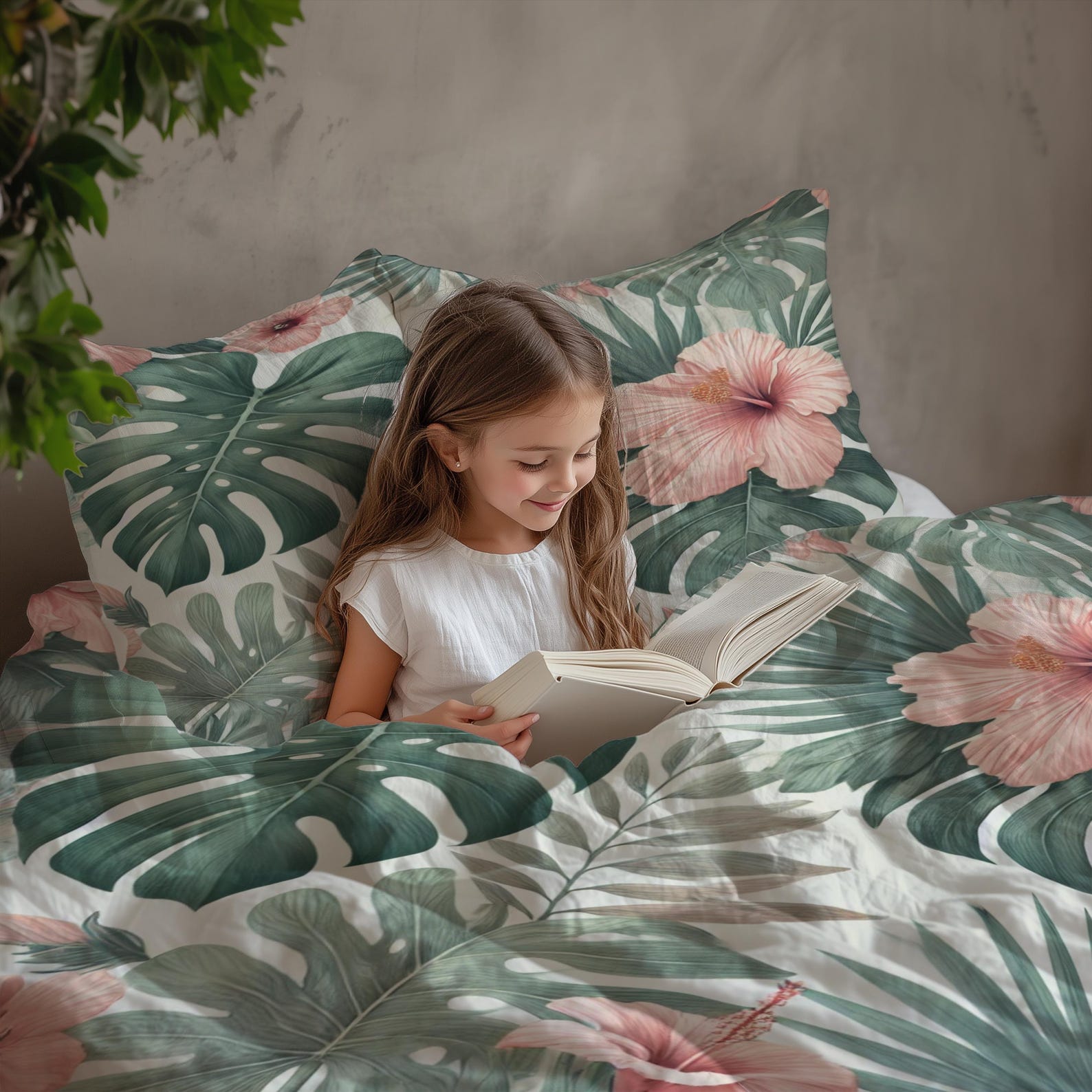 Tropical Floral Bedding Set, Green Pink White Duvet Cover, Monstera ...