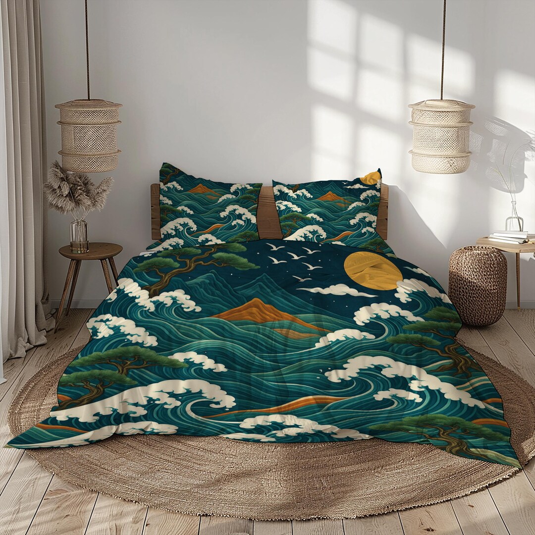 Ocean Wave Bedding Set With Teal Navy Gold and Cream Japanese Art Style ...