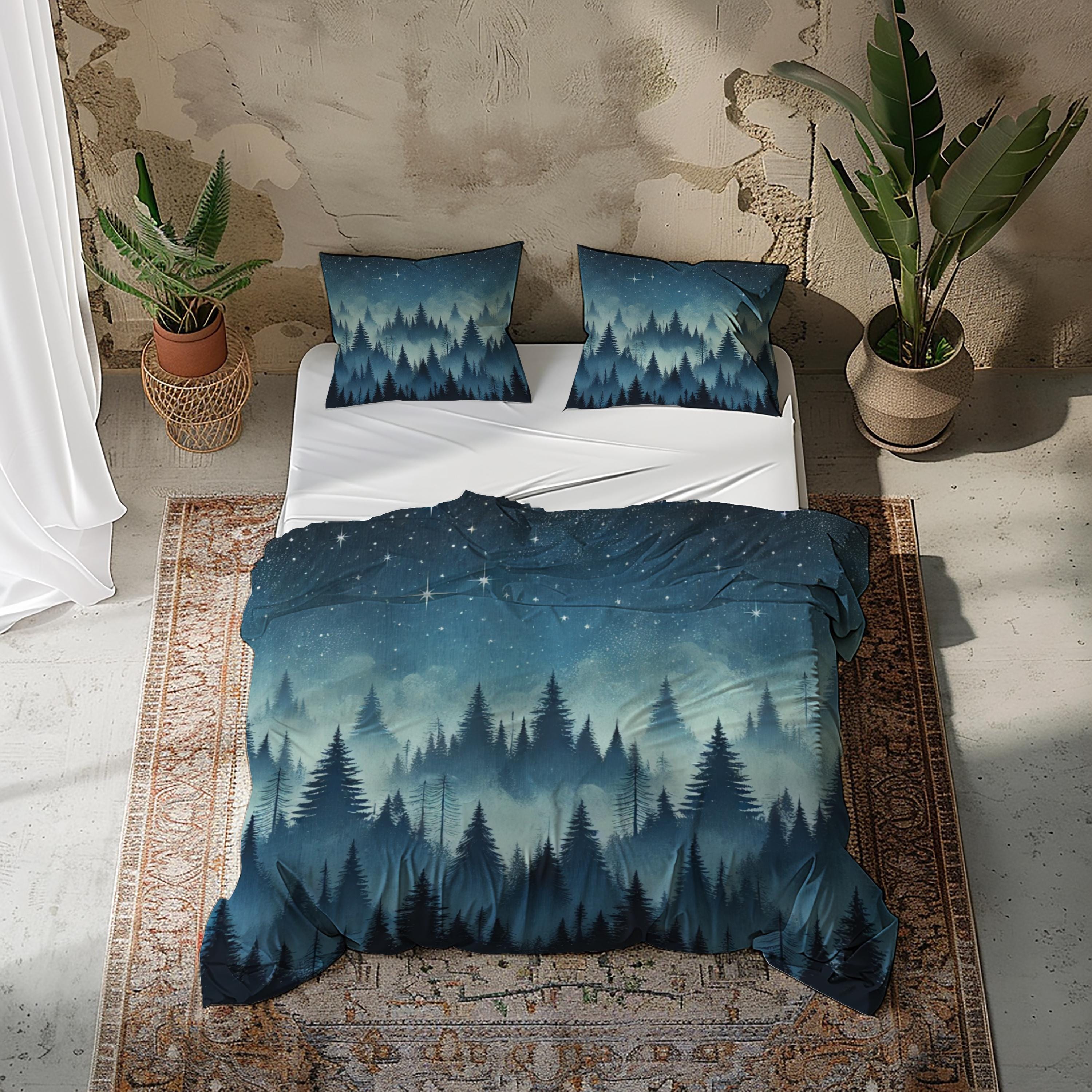 Forest Night Sky Bedding Set, Dark Blue Green Duvet Cover, Starry ...