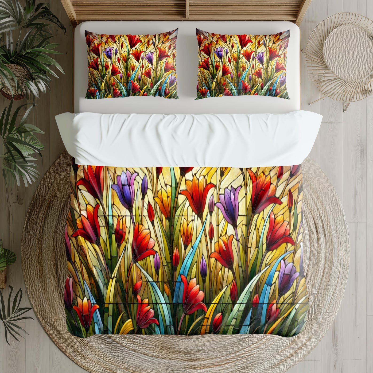 Stained Glass Floral Bedding Set, Colorful Duvet Cover With Pillowcases ...
