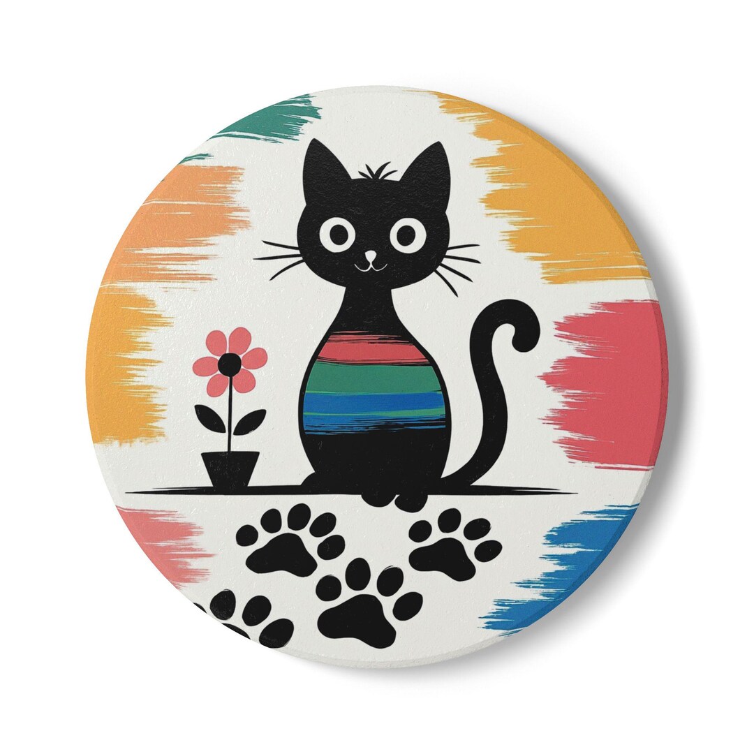 Colorful Cat Ceramic Coaster - Whimsical Home Decor, Cat Lover Gift ...