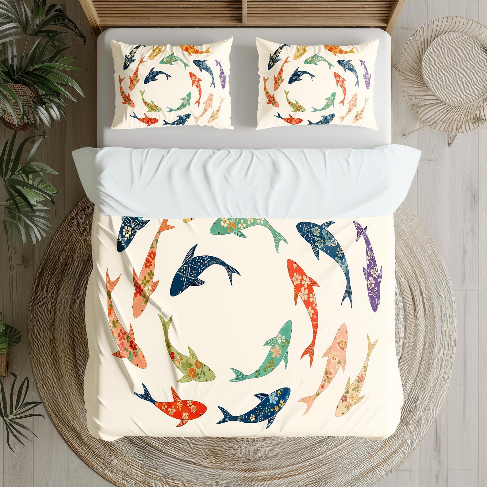 Koi Fish Bedding Set – Duvet Cover & Pillowcases – Blue, Orange, Teal ...