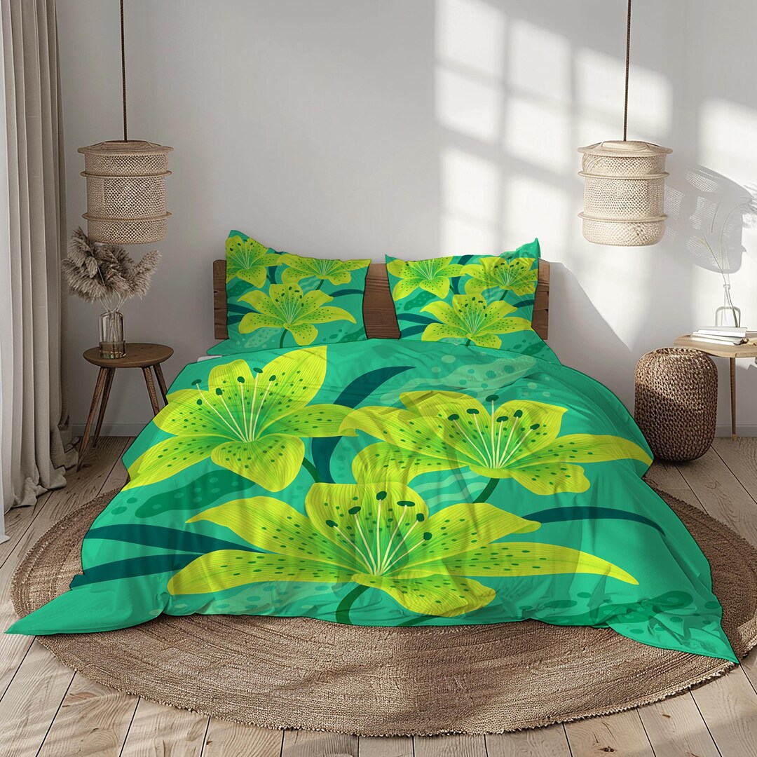 Bright Yellow Lily Flower Duvet Cover Set on Green Background – Bold ...
