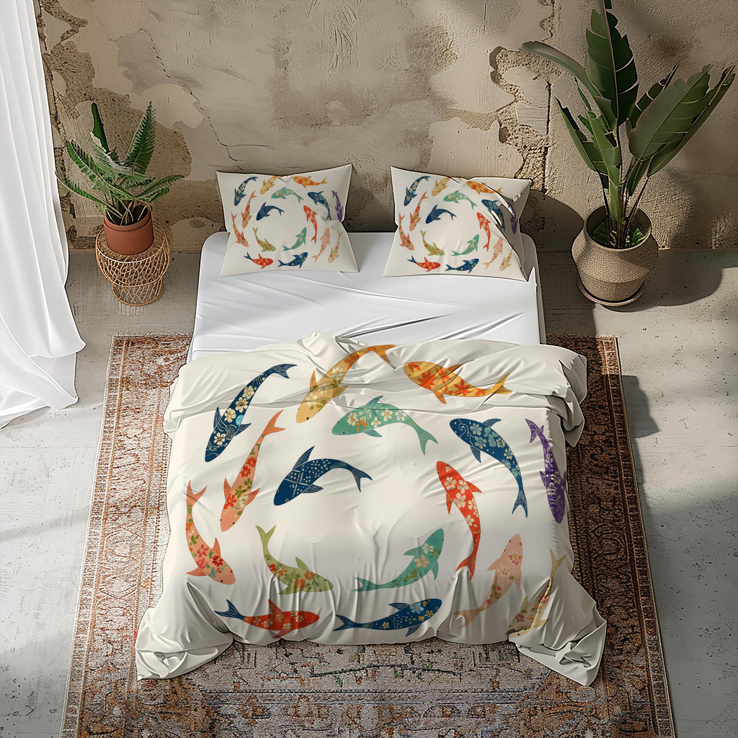Koi Fish Bedding Set – Duvet Cover & Pillowcases – Blue, Orange, Teal ...