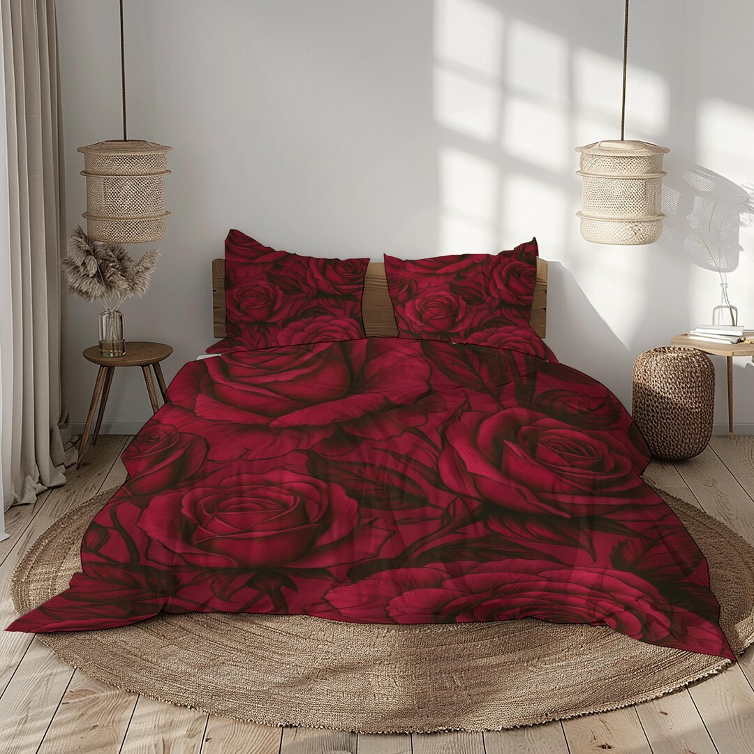 Elegant Dark Red Rose Bedding Set, Deep Crimson and Black Floral Duvet ...