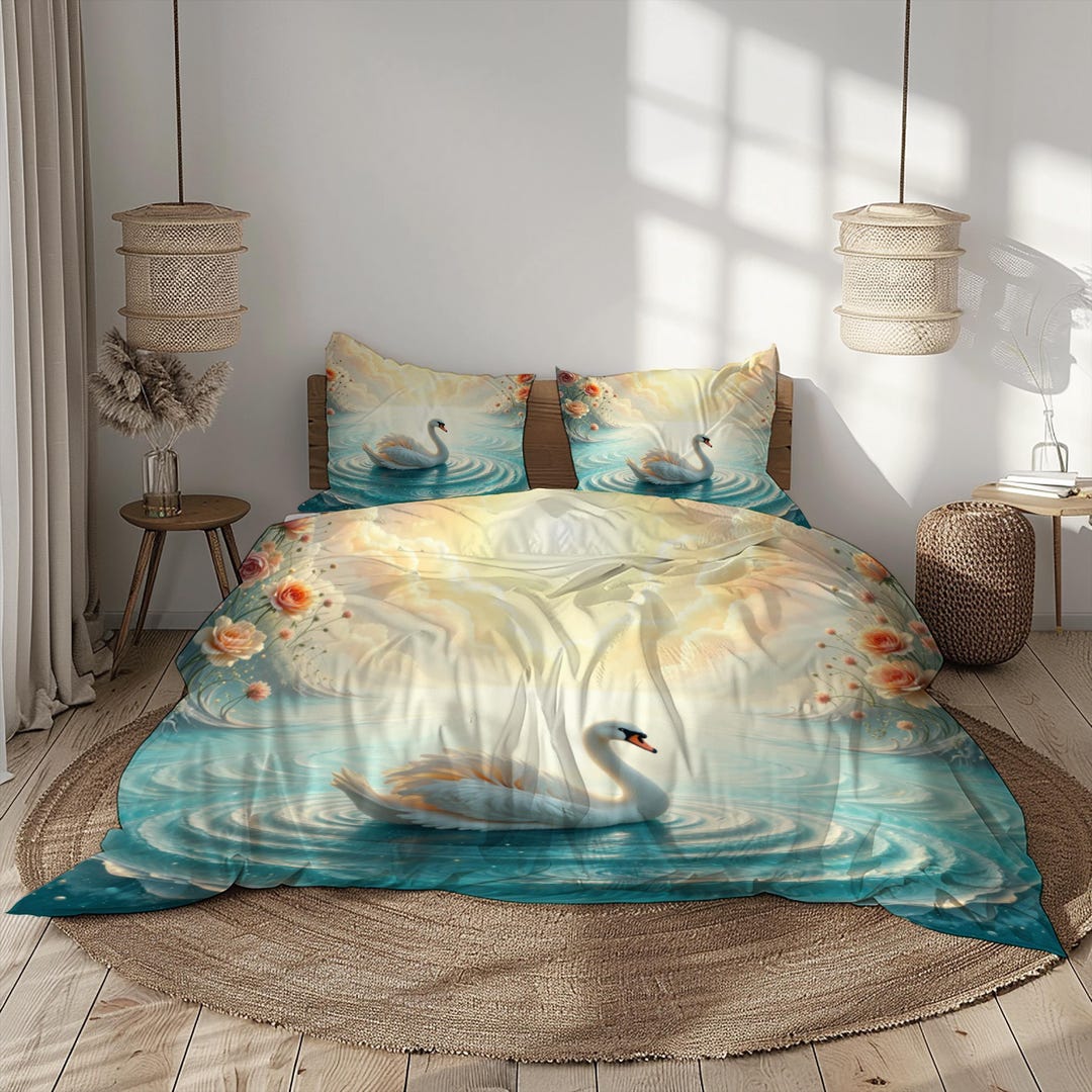 Elegant Swan Bedding Set – Teal Blue, Golden Yellow, Cream White, Peach ...