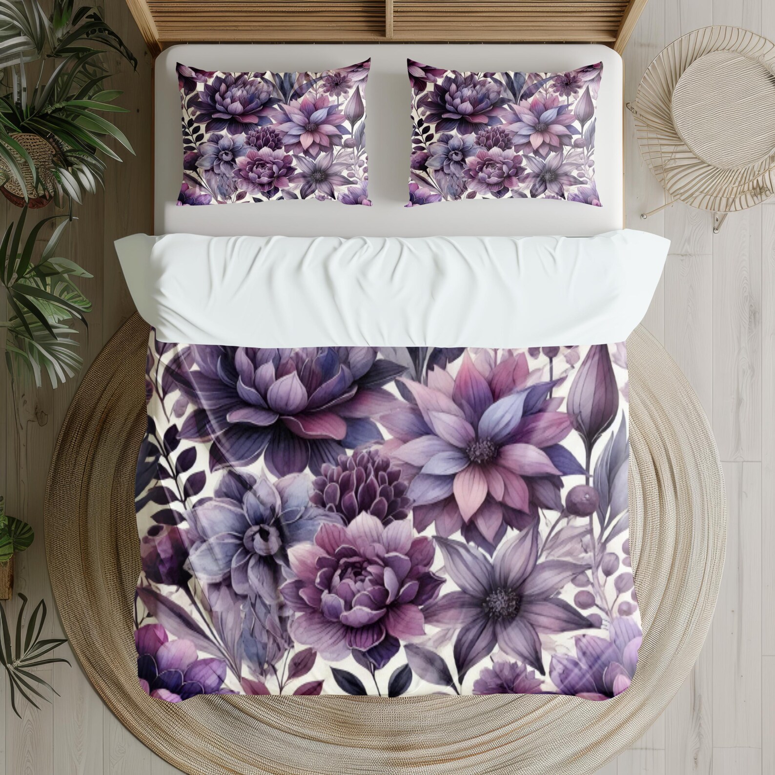 Purple Floral Bedding Set - Elegant Botanical Design in Shades of ...