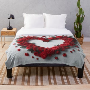 Romantic Red Rose Heart Blanket Elegant Floral Throw, Valentine's Day ...