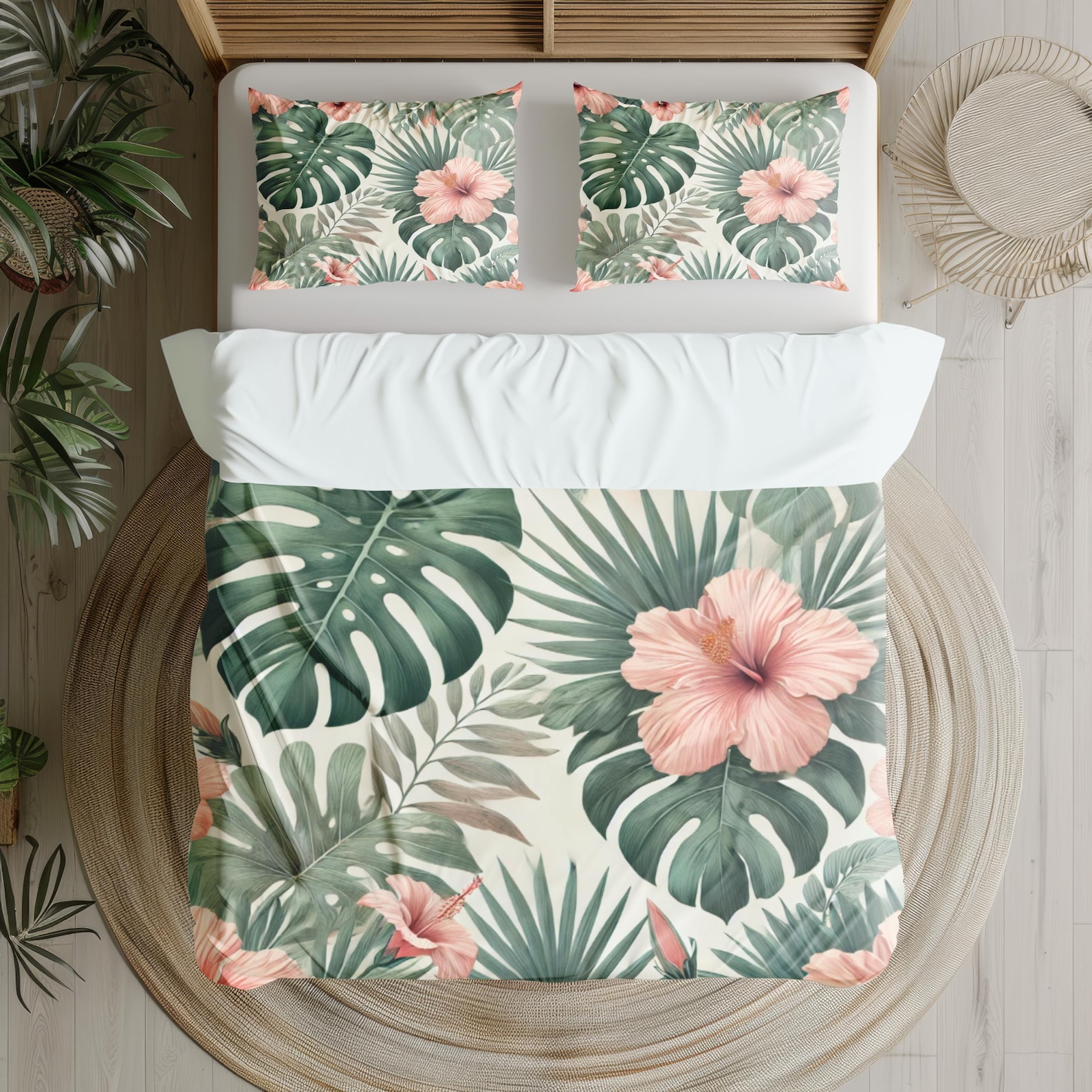 Tropical Floral Bedding Set, Green Pink White Duvet Cover, Monstera ...