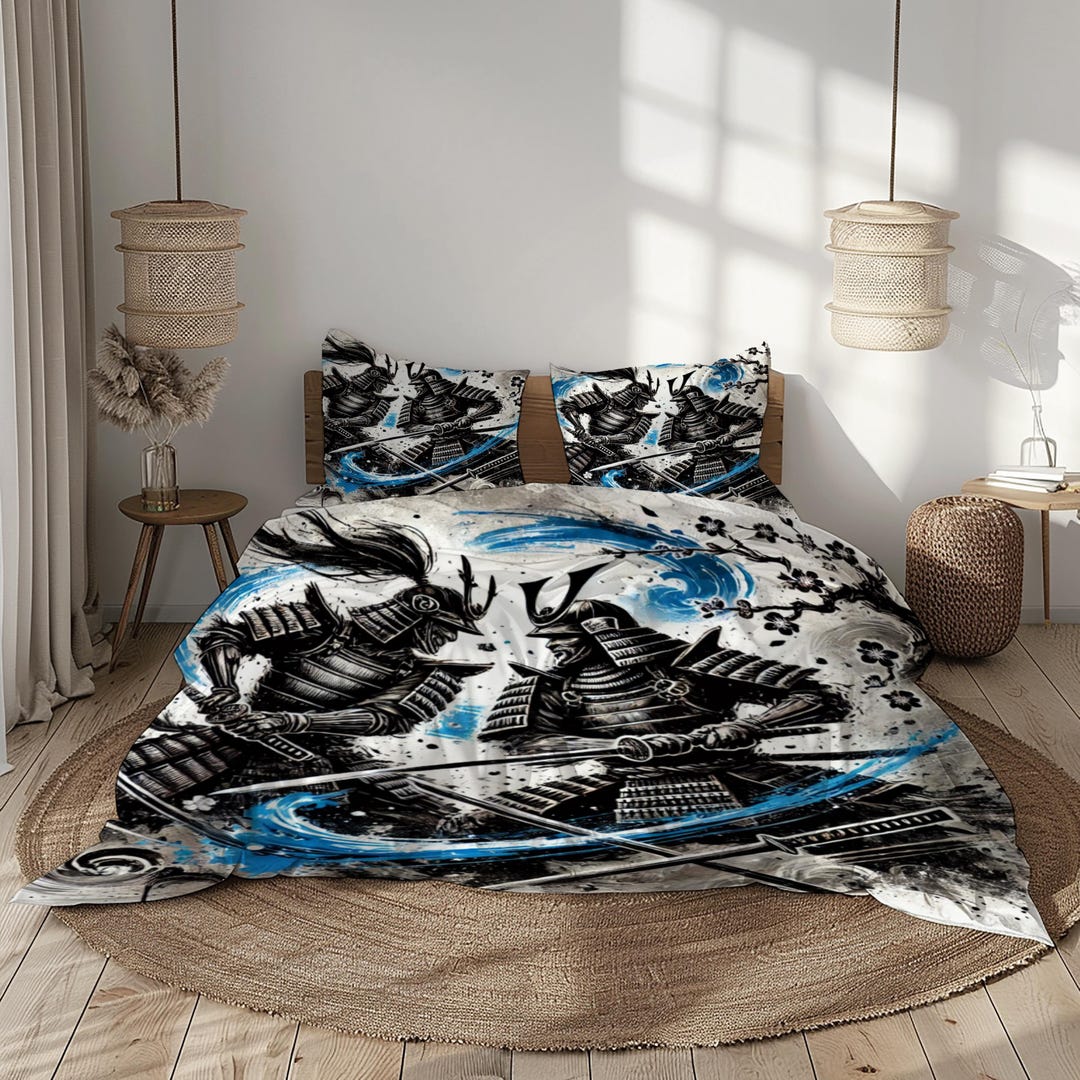 Samurai Warrior Bedding Set - Black White Blue Ink Art - Duvet Cover ...