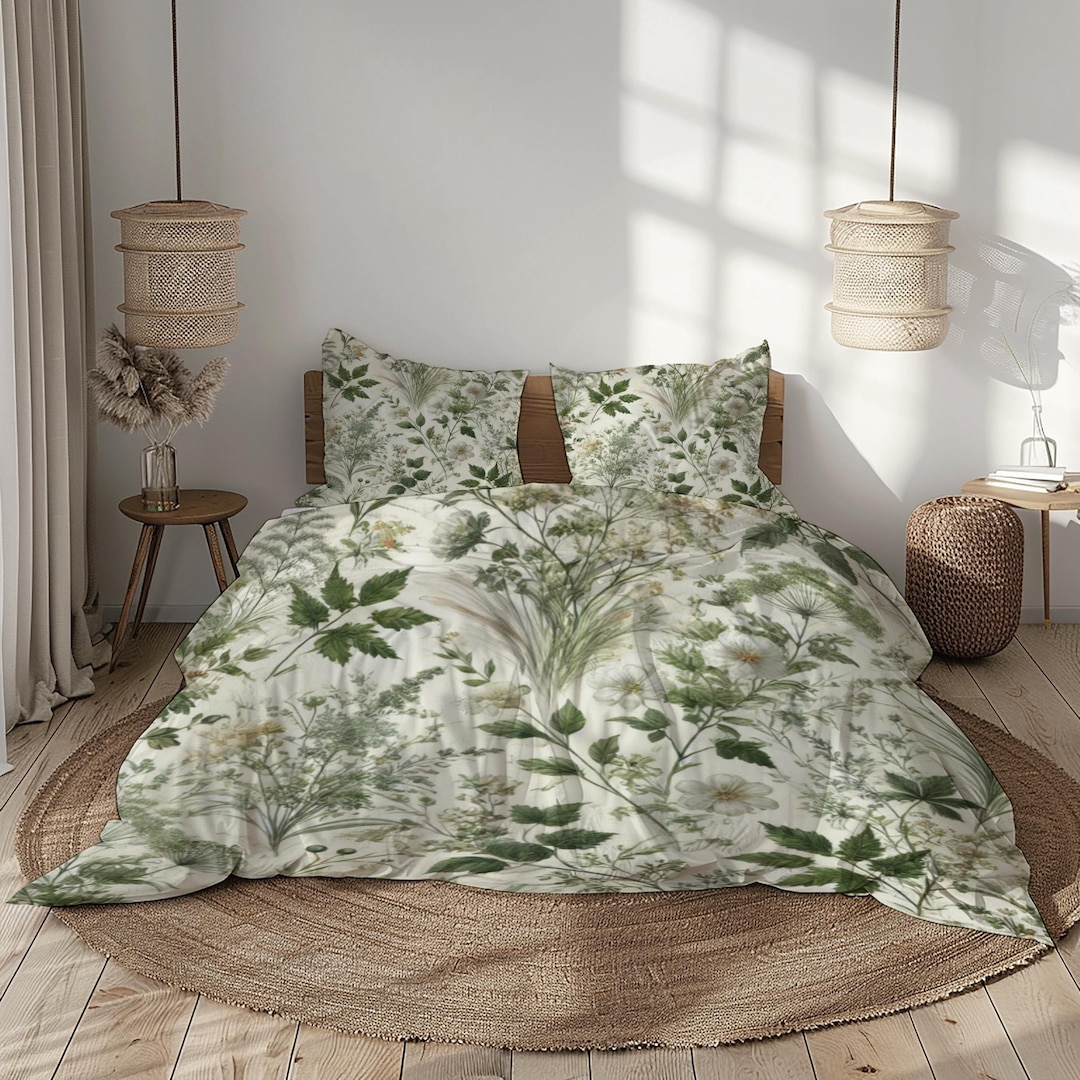 Botanical Herb Bedding Set - Green Cream Sage White Nature Print ...