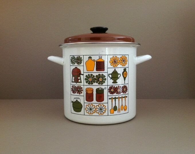 Vintage Enamelware Stock Pot and Steamer, Retro Porcelain Steam Pot ...