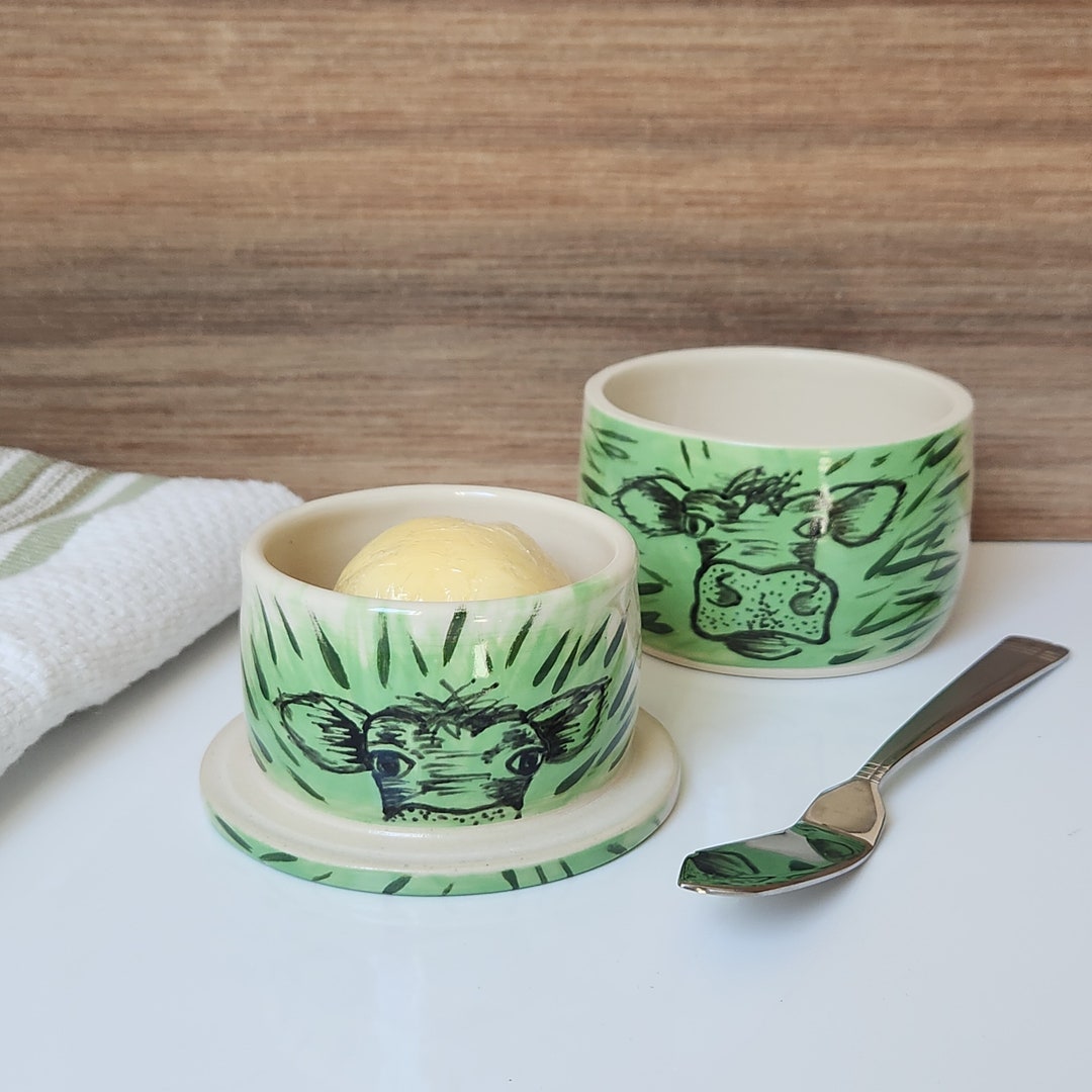Cow Face Green Handmade Butter Crock, Pottery French Butter Keeper ...