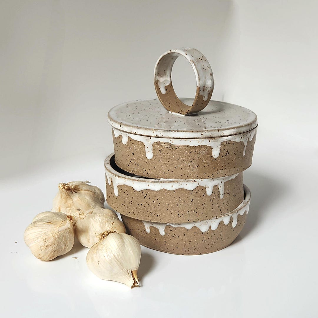 Handmade Pottery Garlic Keeper in Brown and White, Ceramic Garlic Crock ...