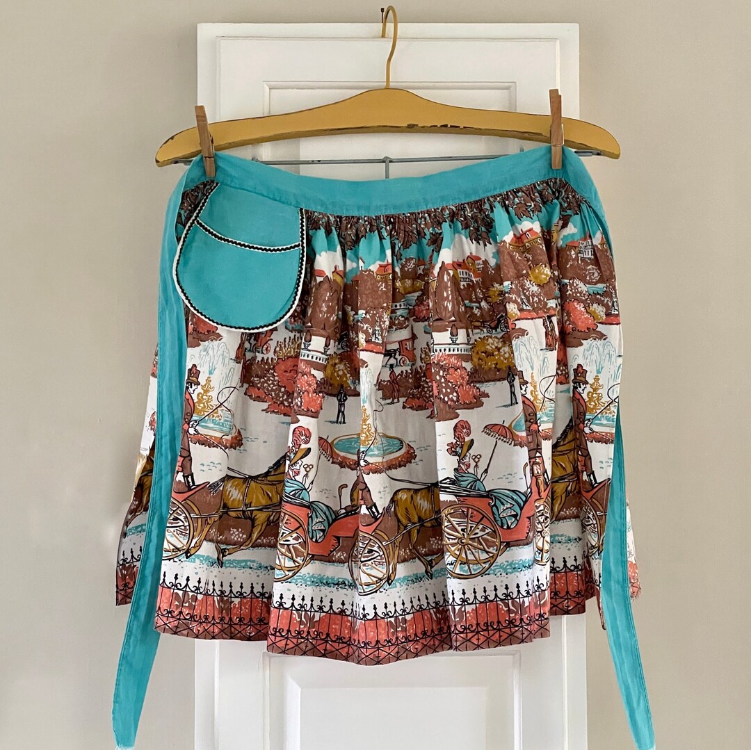 Vintage Half Apron W/ Hanging Front Pocket . Victorian Motif . Horse ...