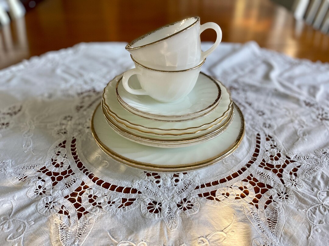 Fire King & Anchor Hocking White Swirl Dinnerware . Golden Anniversary ...