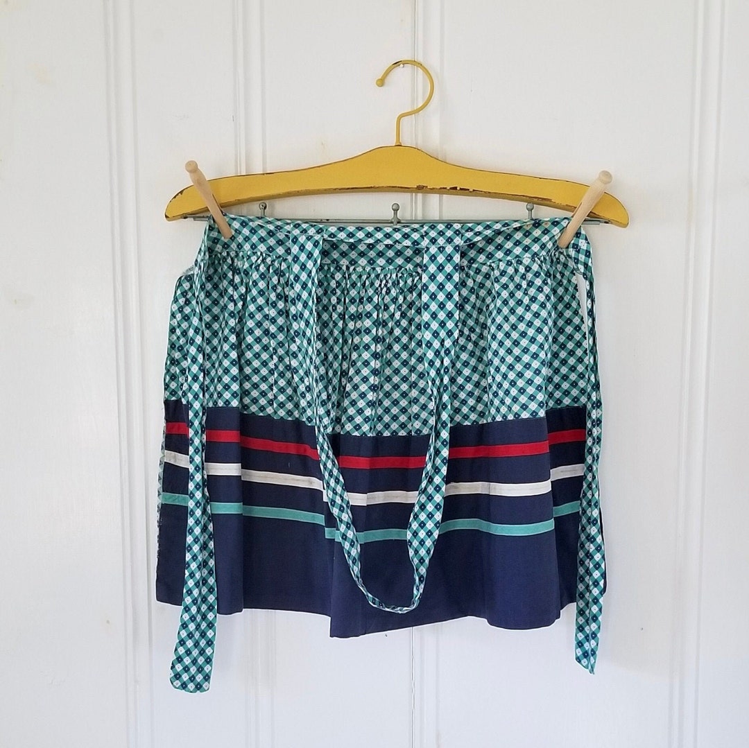 Teal Checked Apron W/ Neck Sash and Striped Bottom Panel . 1940s ...