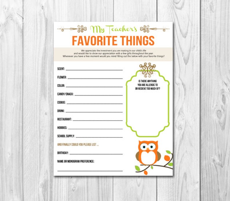 Teacher's Favorite Things List Printable - Etsy