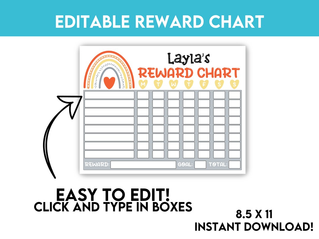 Print at Home Reward Chart | Easy to Edit at Home PDF Personalized Type ...