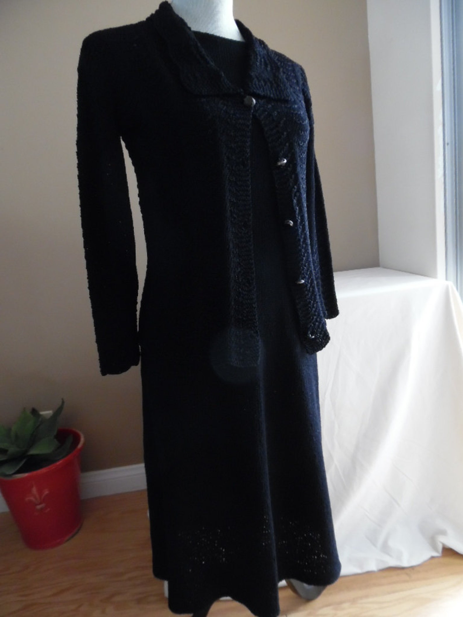 Vintage 1970s Hand Knit Versatile Two Piece Set Little Black Dress and ...