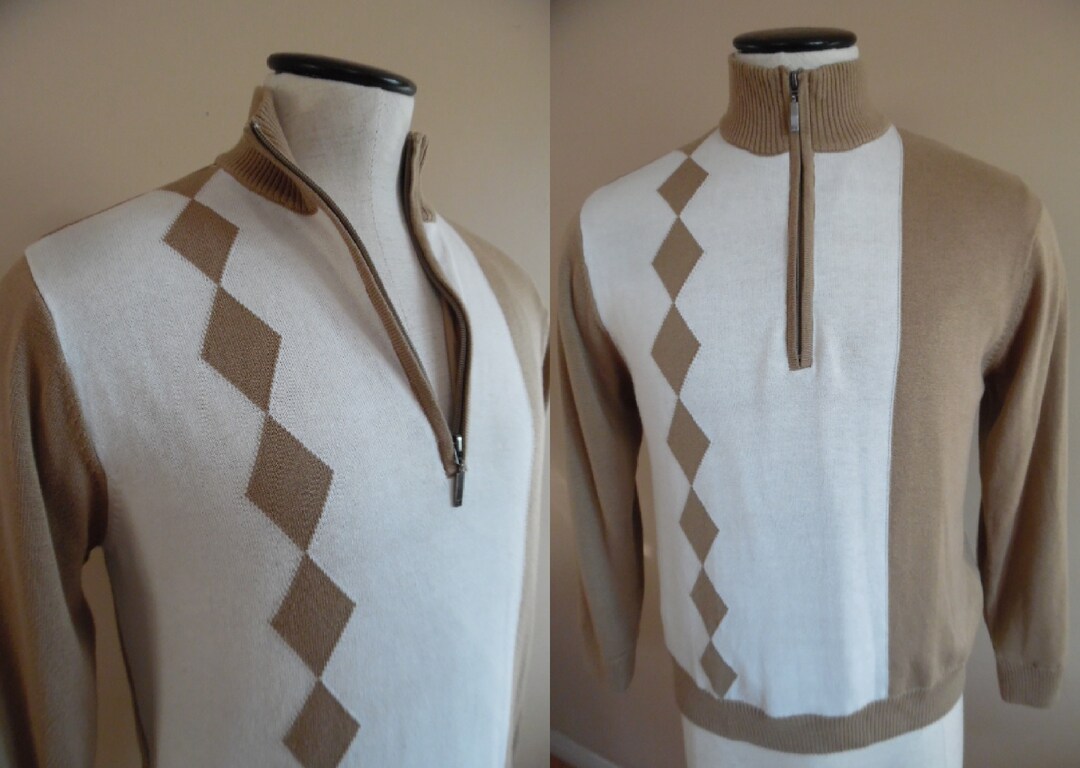 Vintage 1990s Golf Sweater Creamy White and Tan Diamond Motif Sweater ...
