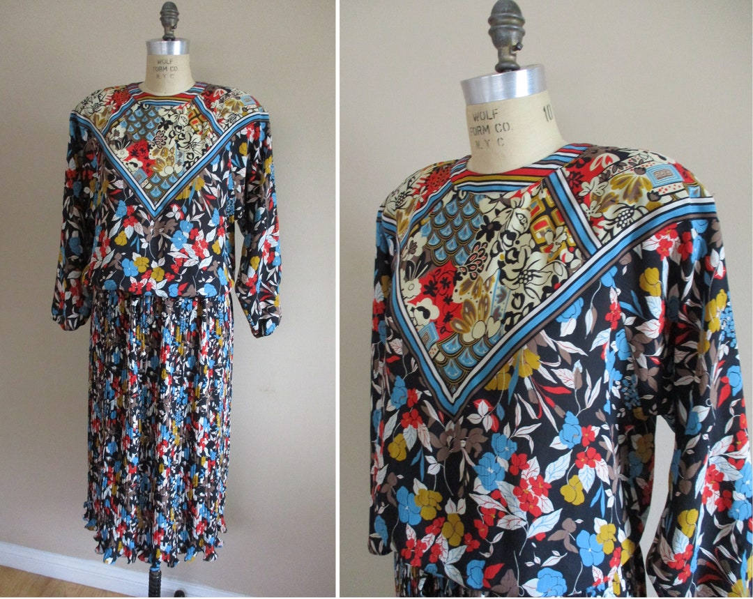 Vintage 1980s Diane Freis Black Turquoise Coral Multi Abstract Floral ...