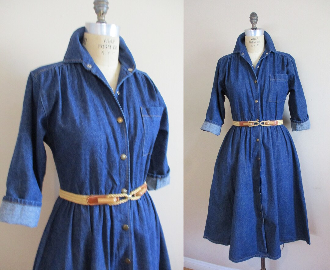 Vintage 1990s Medium Blue Denim Shirt Dress With Short Sleeves by ...