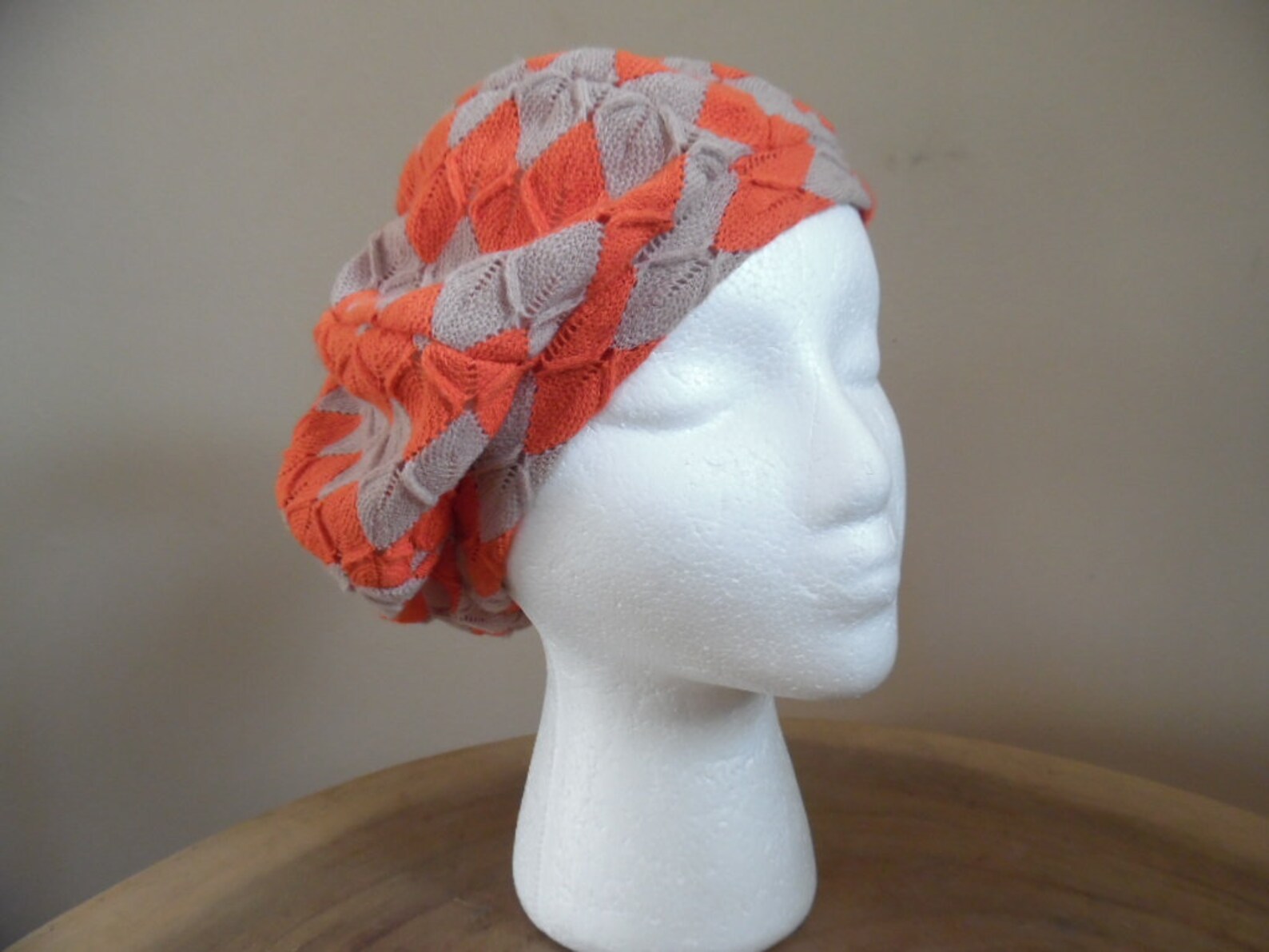 Vintage 1960s Orange and Beige Harlequin Knit Shell and Cap Set; RARE ...