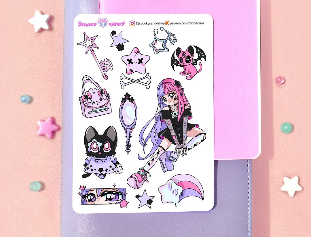Pink Lilac Anime Pastel Goth Stickers Sheet - Kawaii Bat Stickers for ...
