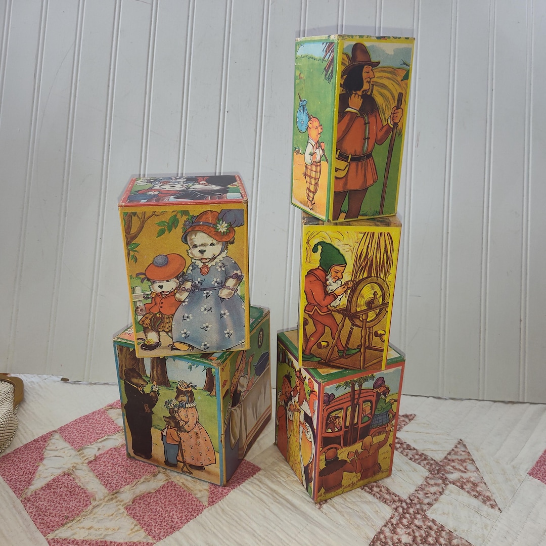 VINTAGE Set of 5 Nesting Cardboard Blocks With Nursery Rhyme Characters ...
