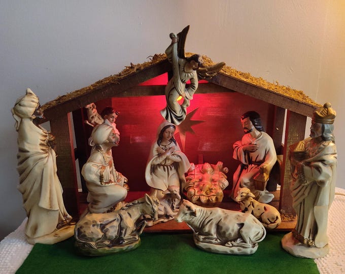 LARGE Nativity Set With Wooden Manger. Twelve Tall Detailed Figures and ...