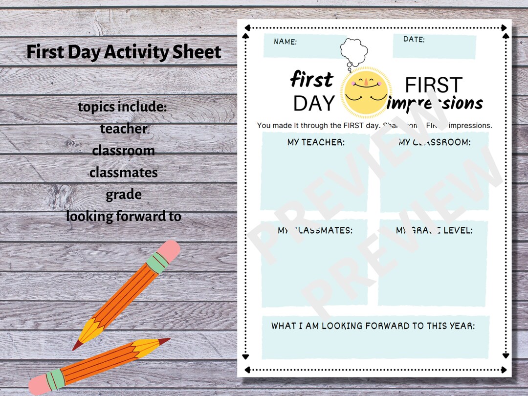 First Day of School Worksheet, First Impressions Worksheet, Back to ...