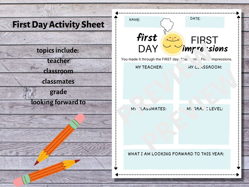 First Day of School Worksheet, First Impressions Worksheet, Back to ...