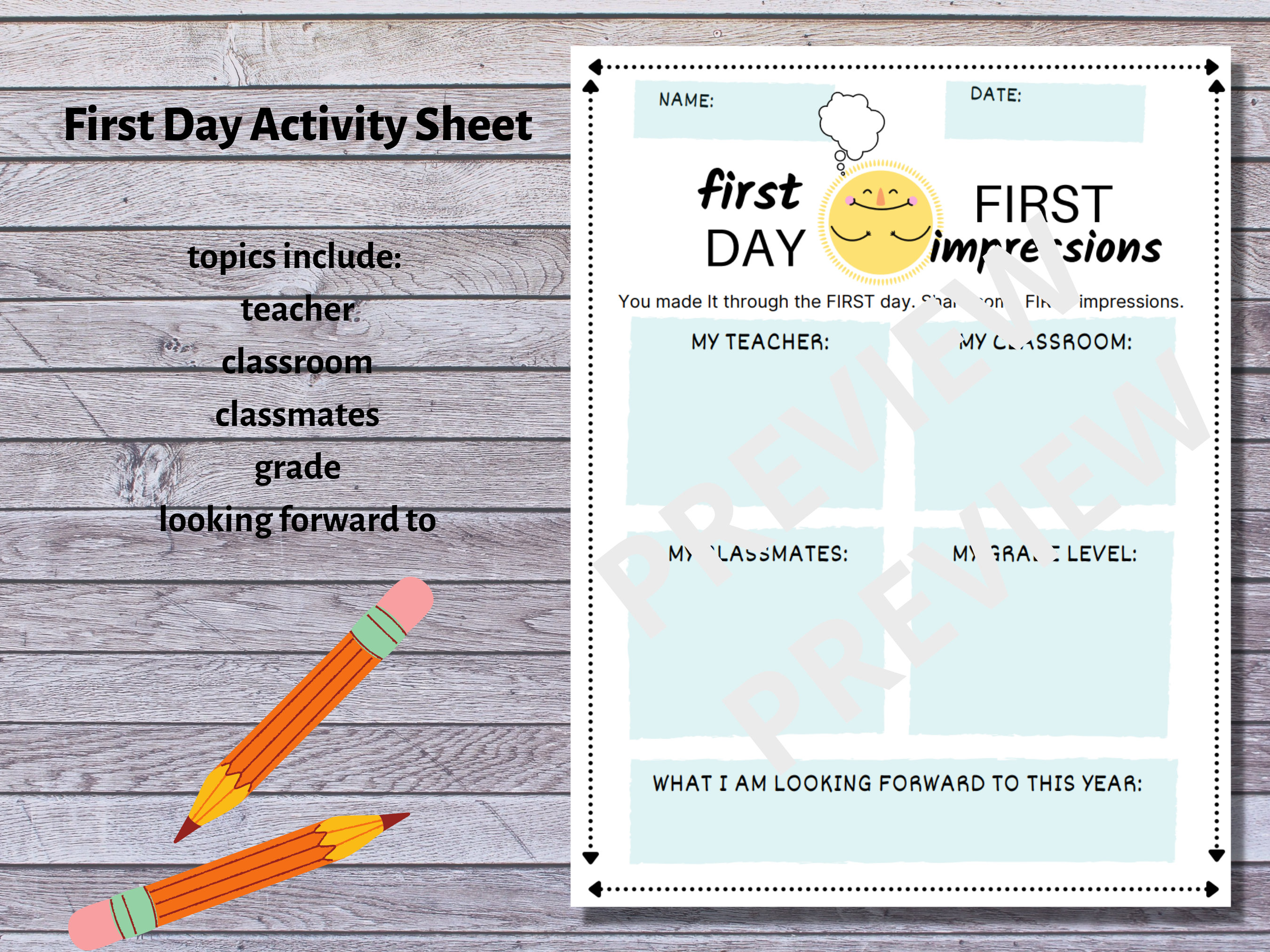 First Day of School Worksheet, First Impressions Worksheet, Back to ...