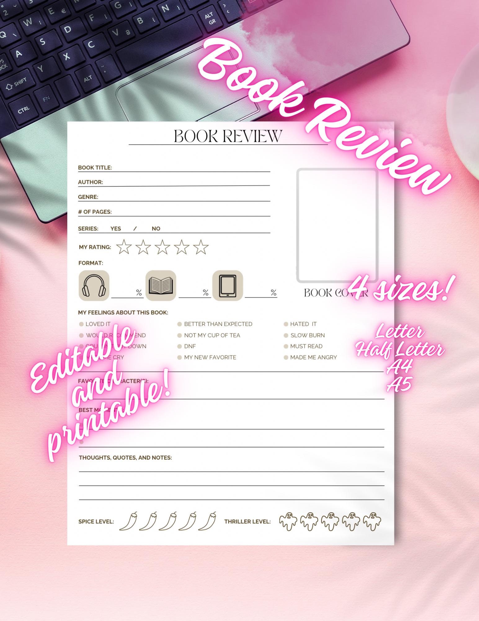 Book Review Page Template | Editable Printable Customizable | 4 Sizes ...