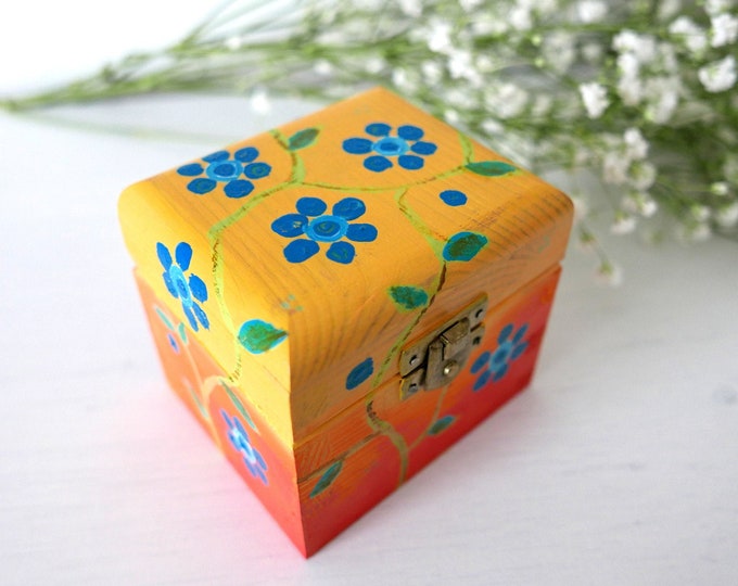 Hand Painted Yellow and Orange Jewellery Box With Turquoise Flowers and ...