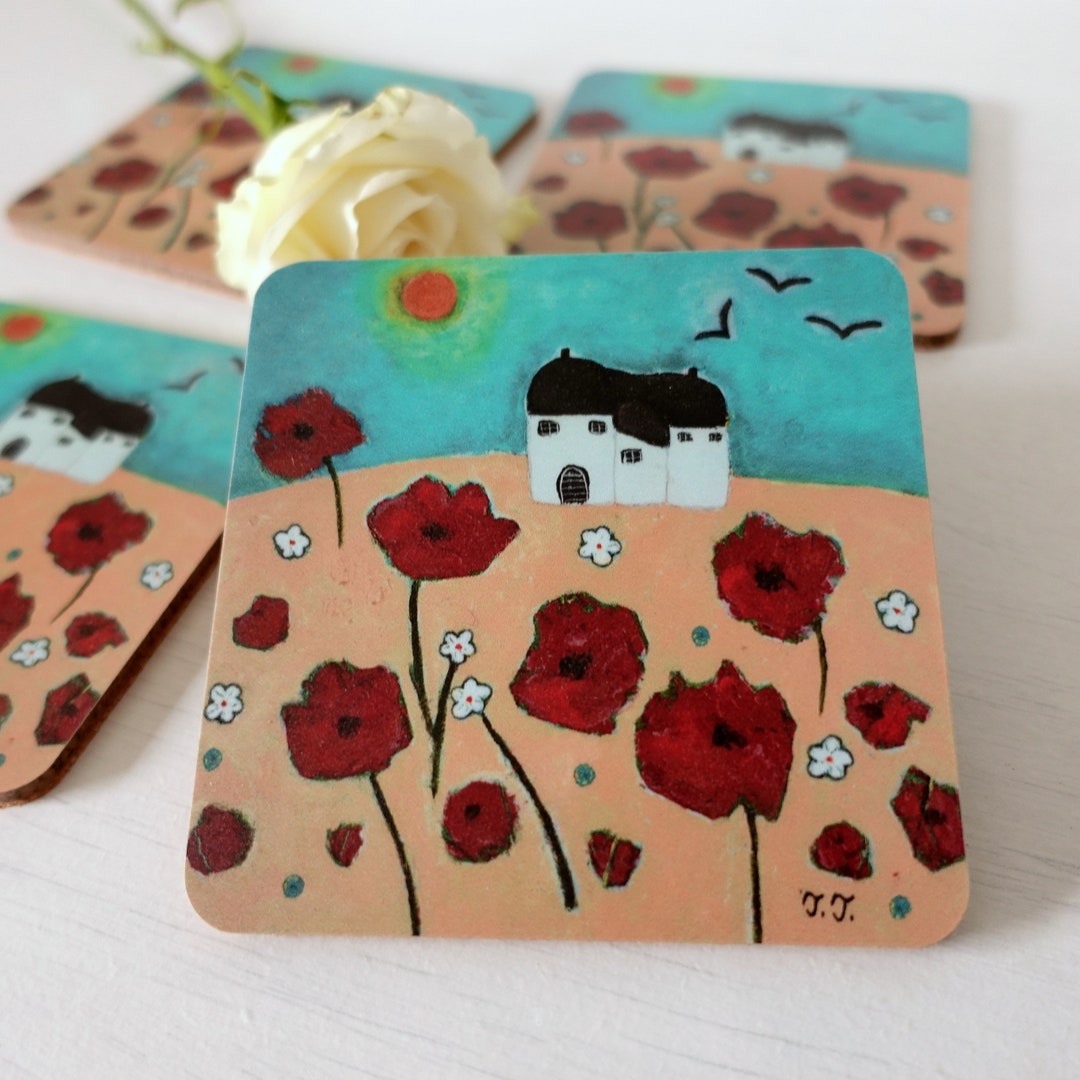 Cottage Coasters Set of 4, Poppy Art Coasters, Artist Painting Wooden ...