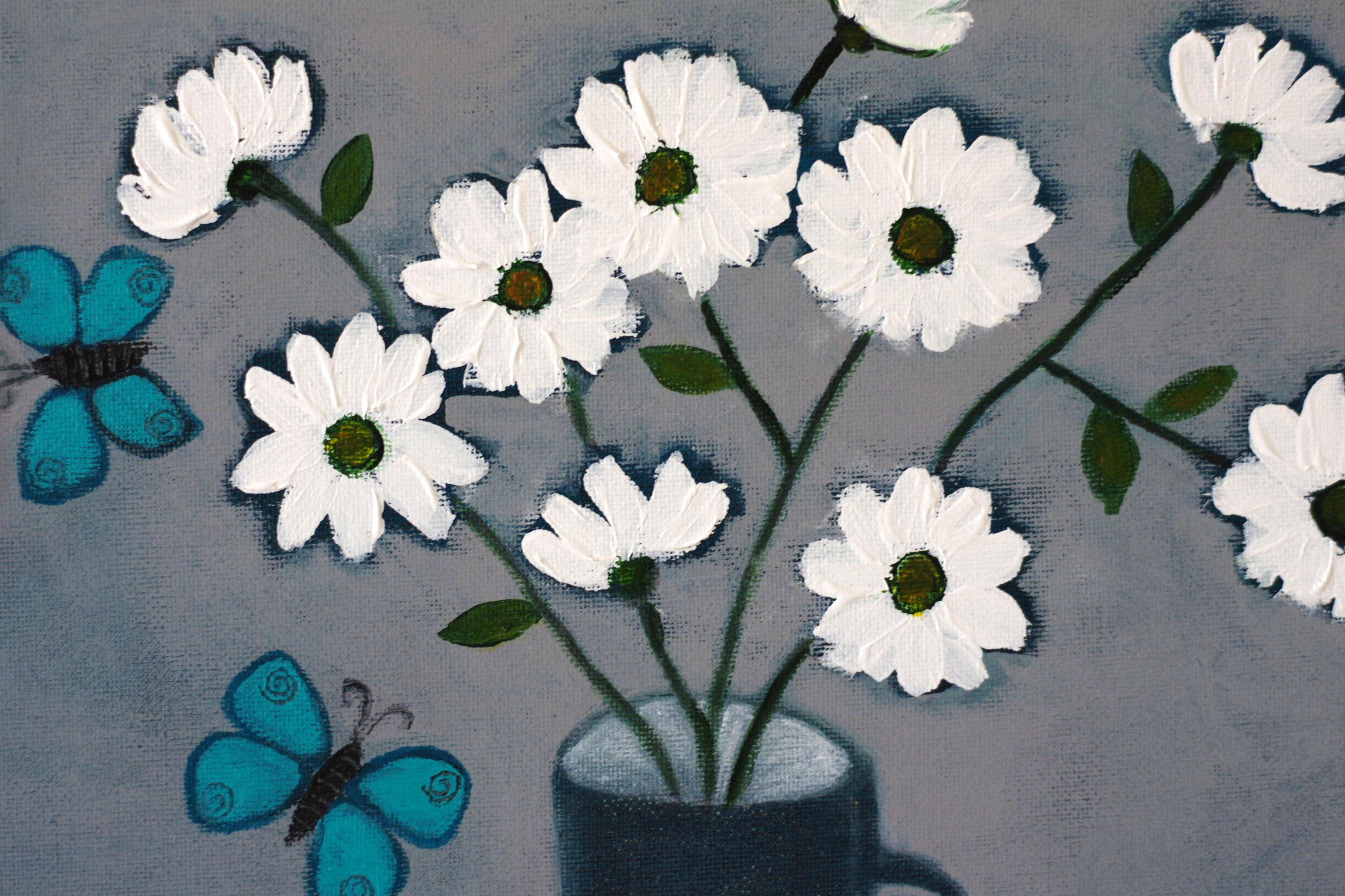 Grey Floral Painting White Daisy Artwork Turquoise - Etsy